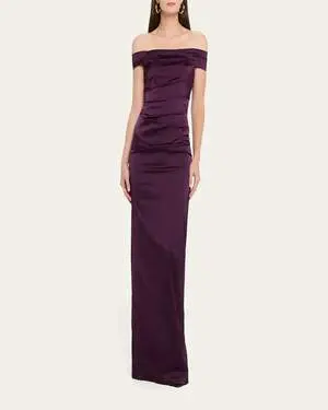 Rickie Freeman For Teri Jon Off-shoulder Satin Column Gown