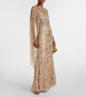 Jenny Packham Honey Dew Caped Embellished Gown