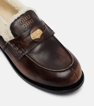 Miu Miu Shearling-lined Leather Penny Loafers - Brown