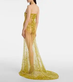 Attico Sequined Sheer Mesh Gown - Green