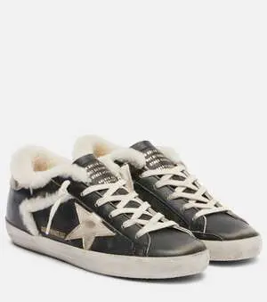 GOLDEN GOOSE Super-star Shearling-trimmed Leather Sneakers - Black