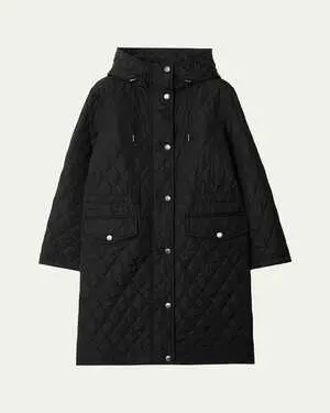 Burberry Hillgate Quilted Long Hooded Jacket - Black