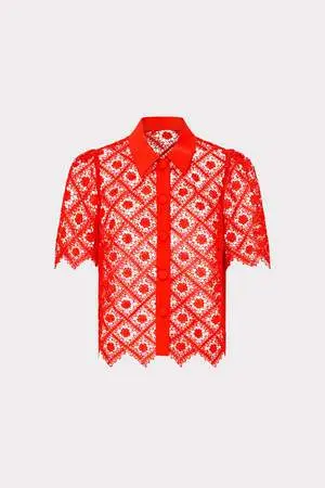 MILLY Addison Tile Lace Short Sleeve Collared Top