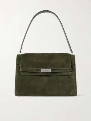 Tory Burch Lee Radziwill Large Suede Shoulder Bag - Dark Green