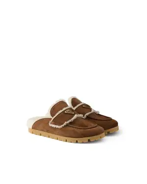 Prada Suede And Shearling Mules - Brown