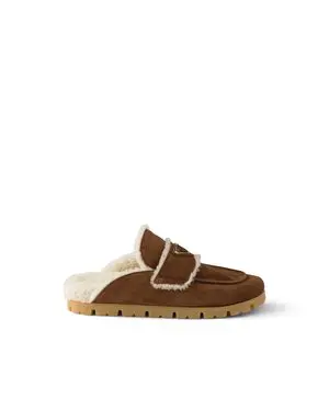 Prada Suede And Shearling Mules - Brown