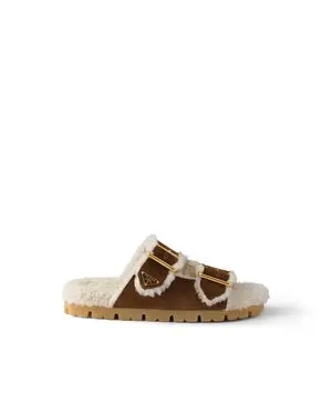Prada Suede And Shearling Slides - Brown
