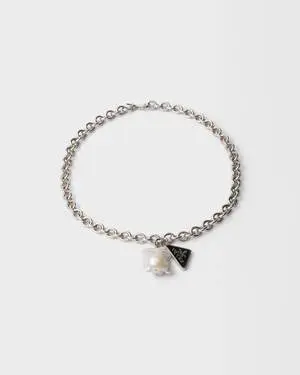 Prada Metal Necklace With Pearl - Steel/pearl