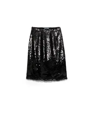 Prada Embroidered Velvet Midi-Skirt Black