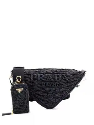 Prada Triangle Logo Zip Crochet Raffia Small Crossbody Bag