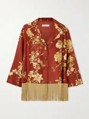 Borgo De Nor Calliope Fringed Floral-print Silk-twill Shirt - Red