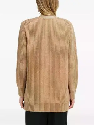 FERRAGAMO Leather-trim Ribbed Cardigan With Buckle - Neutrals