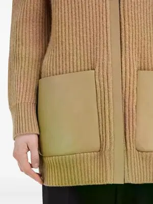 FERRAGAMO Leather-trim Ribbed Cardigan With Buckle - Neutrals
