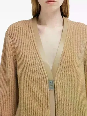 FERRAGAMO Leather-trim Ribbed Cardigan With Buckle - Neutrals