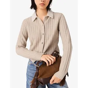 Maje Stretch Wool-blend Cardigan With Removable Beaded Collar - Beige