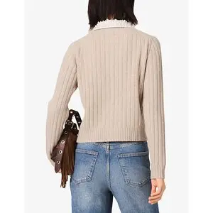 Maje Stretch Wool-blend Cardigan With Removable Beaded Collar - Beige