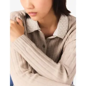 Maje Stretch Wool-blend Cardigan With Removable Beaded Collar - Beige