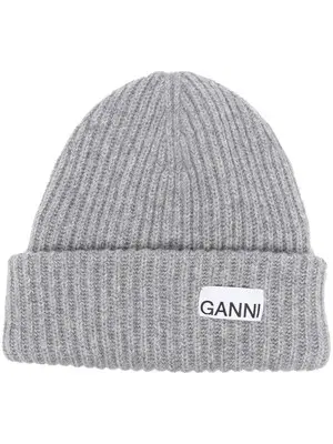 GANNI Wool Ribbed Beanie - Grey