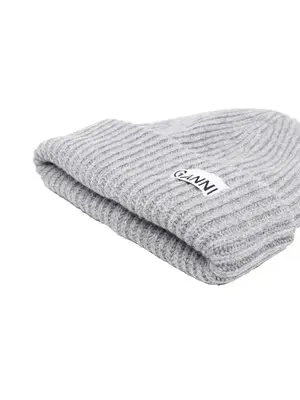 GANNI Wool Ribbed Beanie - Grey