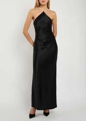 Staud Cadence Faux Pearl-embellished Satin Maxi Dress - Black