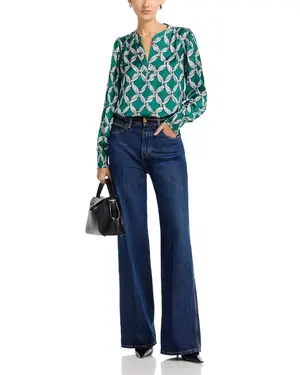 T Tahari Long Sleeve Split Neck Blouse With Smocked Cuffs