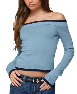 EDIKTED Contrast Off Shoulder Knit Top - Blue