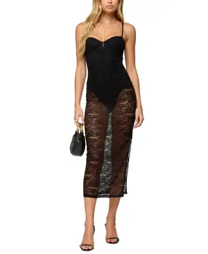 EDIKTED Sheer Lace Bodysuit Midi Dress