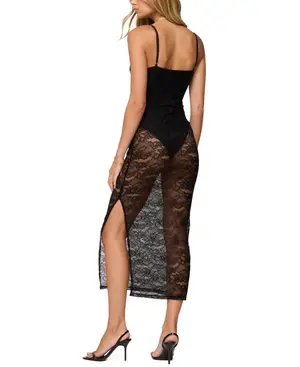 EDIKTED Sheer Lace Bodysuit Midi Dress