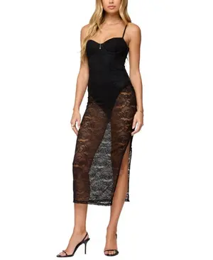 EDIKTED Sheer Lace Bodysuit Midi Dress