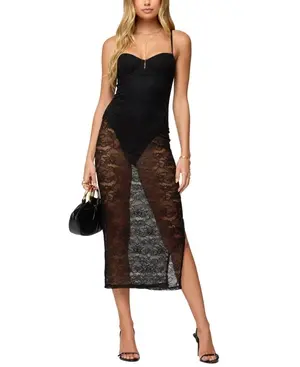 EDIKTED Sheer Lace Bodysuit Midi Dress