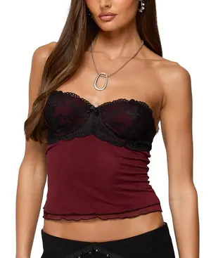 EDIKTED Contrast Lacey Mesh Bra Top - Burgundy