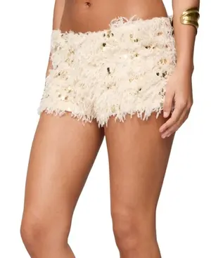 EDIKTED Faux Feather Sequin Micro Shorts