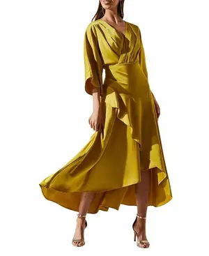 Coast Satin Crepe Ruffle Wrap Midi Dress - Olive