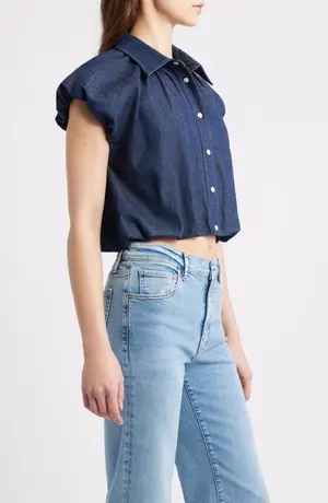 FRAME Shell Denim Puff Sleeve Crop Top