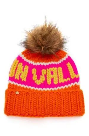 Lele Sadoughi Sun Valley Faux Fur Pompom Merino Wool Beanie - Bright Orange