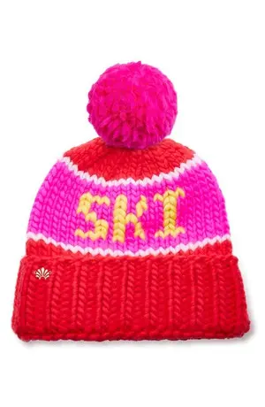 Lele Sadoughi The Ski Faux Fur Pompom Merino Wool Beanie - Red