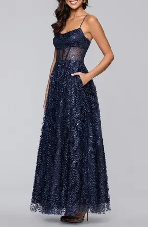 BLONDIE NITES Sequin And Mesh Gown - Navy