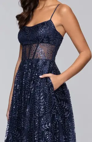 BLONDIE NITES Sequin And Mesh Gown - Navy