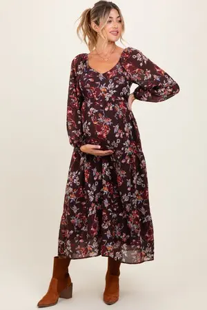 PINKBLUSH Floral V-neck Bubble Sleeve Maxi Dress - Brown