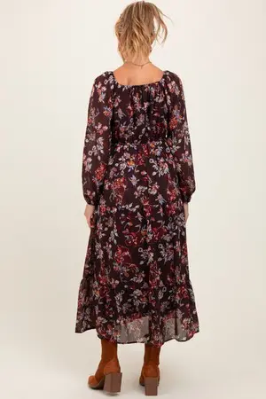 PINKBLUSH Floral V-neck Bubble Sleeve Maxi Dress - Brown