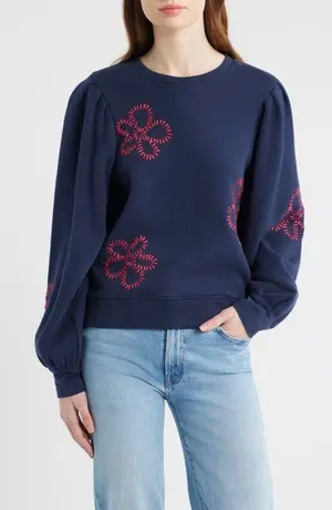 Rails Floral Embroidered Balloon Sleeve Sweatshirt - Navy