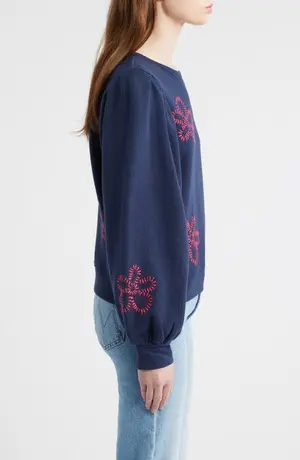 Rails Floral Embroidered Balloon Sleeve Sweatshirt - Navy