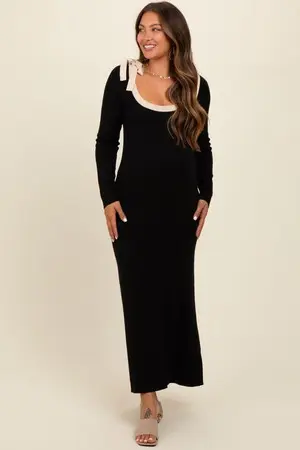 PINKBLUSH Shoulder Bow Detail Maxi Sweater Dress - Black
