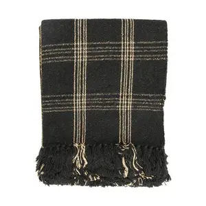 STORIED HOME Soft Woven Reclaimed Cotton Blend Throw With Fringe - Black