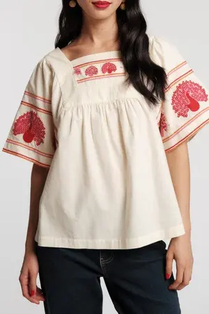 FRANCES VALENTINE Picnic Peacock Embroidered Top - Oyster/multi