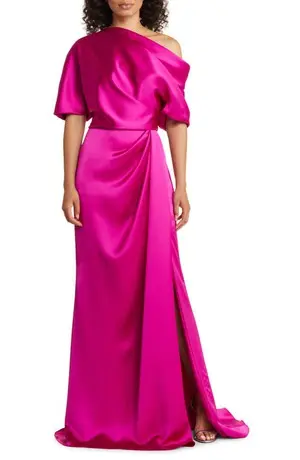 Amsale Gathered One-shoulder Satin Gown - Fuchsia