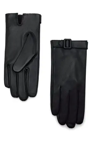 Mango Buckle Detail Leather Gloves - Black