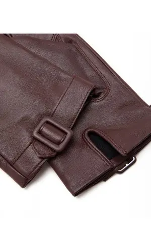 Mango Buckle Detail Leather Gloves - Burgundy