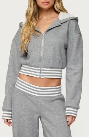 EDIKTED Eloura Stripe Detail Zip-up Hoodie - Gray-melange