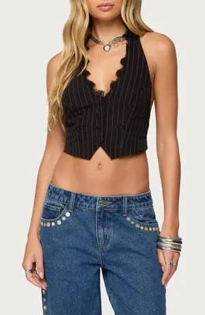EDIKTED Pinstripe Halter Vest With Lace Trim